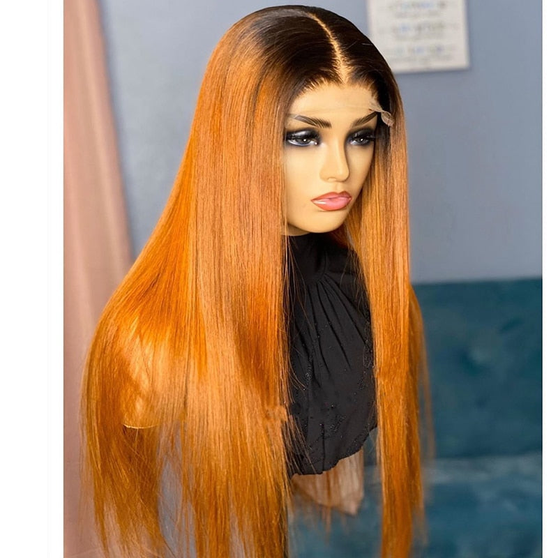 Ombre Ginger Orange Middle Part SilkyStraight Glueless Synthetic Lace ...