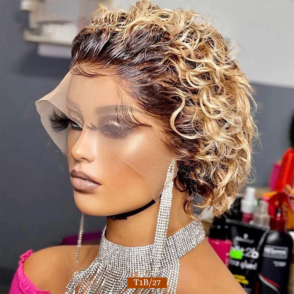 Curly Short Bob Lace Wigs Blonde Pixie Brazilian Human Hair Lace Part ...