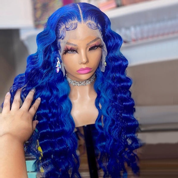 Synthetic Wigs Long Water Wave Lace Front wig Soft Hair Blue Wig Color ...
